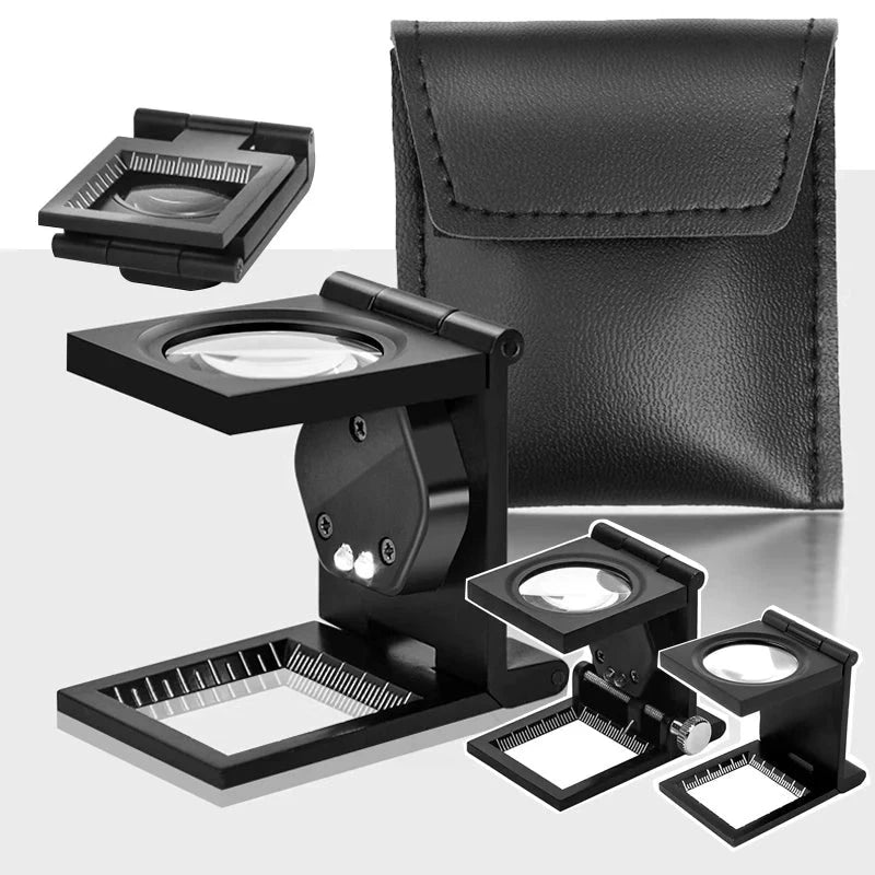 Loupe pliable Grossissement x10 avec règle et LED - Étuit